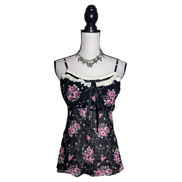Angie | Tops | Y2k Angie Rayon Black Pink Floral Lace Coquette Babydoll ...